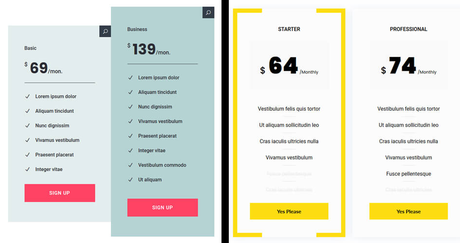 Divi Pricing Table Modules and Sections